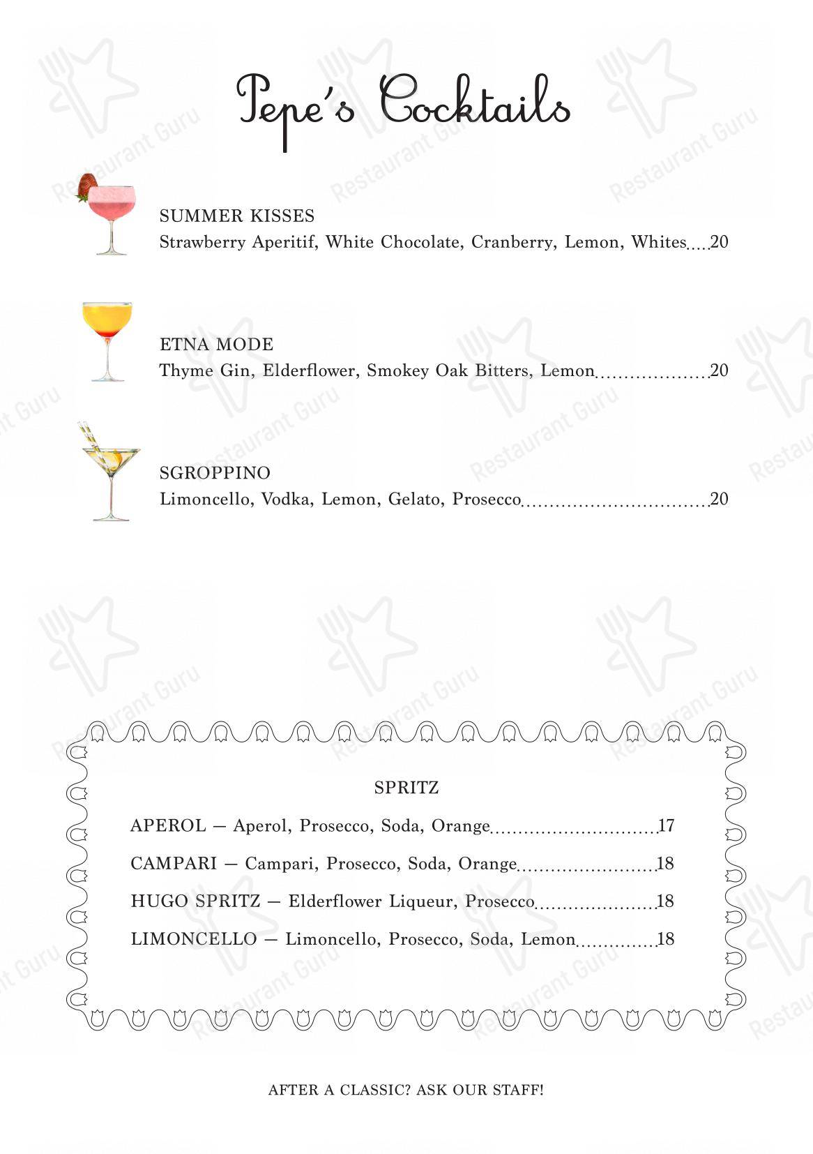 Menu at Pepe's Italian & Liquor pub & bar, Melbourne