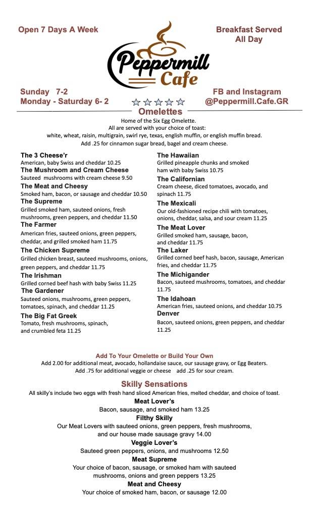 Menu at Peppermill Cafe, Grand Rapids