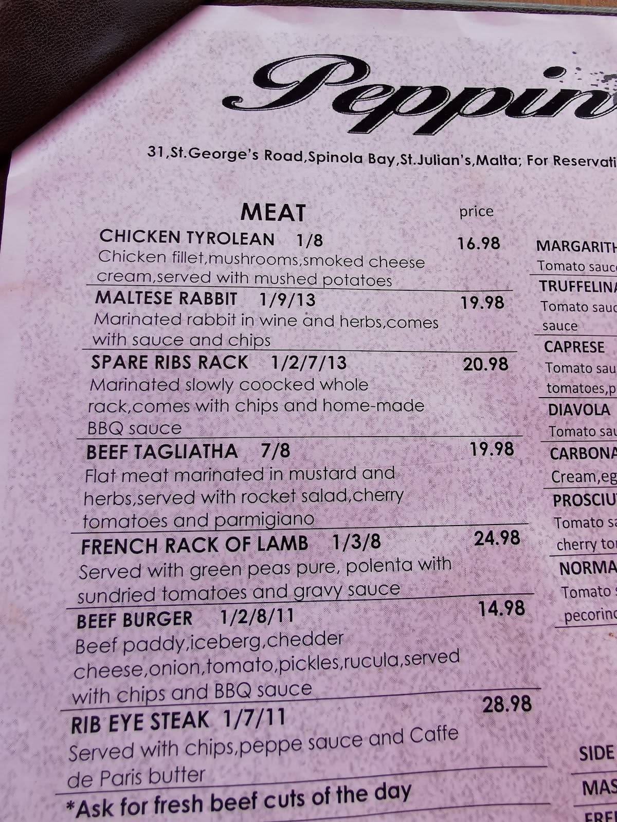 Menu at Peppino's restaurant, Saint Julian's