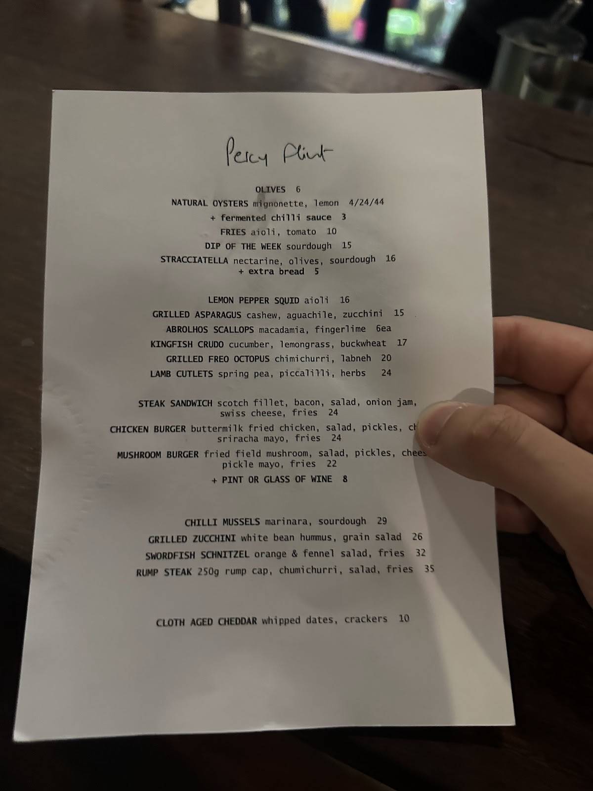 Menu at Percy Flint pub & bar, South Fremantle