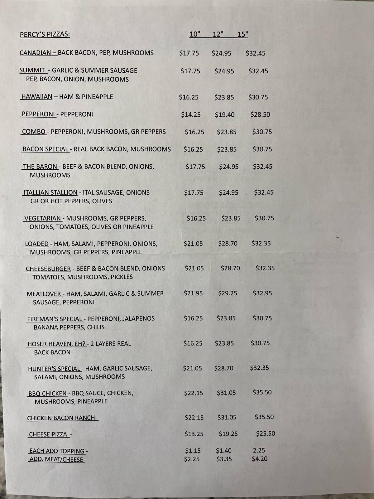 Menu at Percy's Pizzas & Subs restaurant, Turtleford