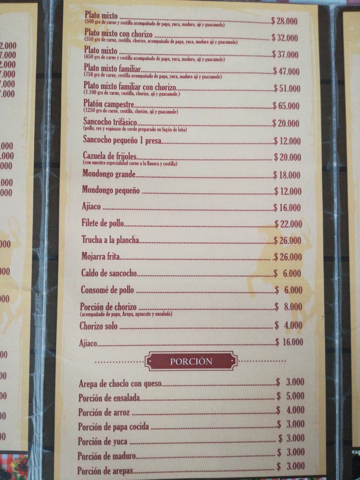 Carta del restaurante Antojo Llanero Campestre Galicia, Belmonte Bajo