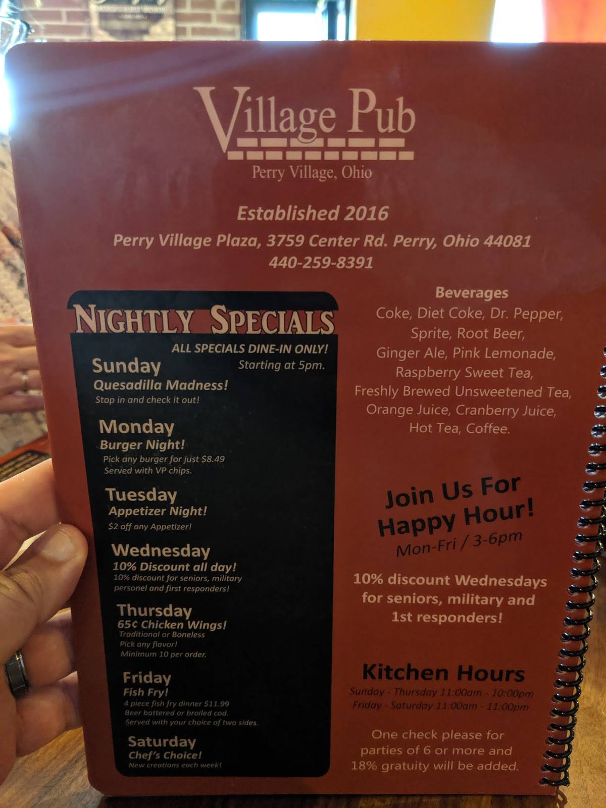 Menu at Village Pub, Perry, Center Rd