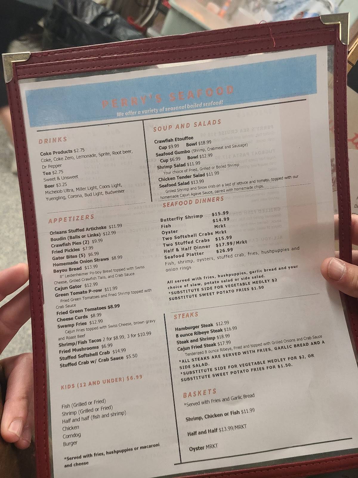 Menu at Perry's Seafood restaurant, Poplarville, 929 MS-26 West