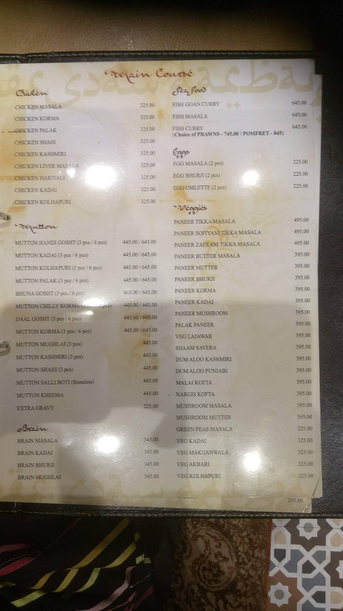 Menu at Persian Darbar, Mumbai, Moray Mahal
