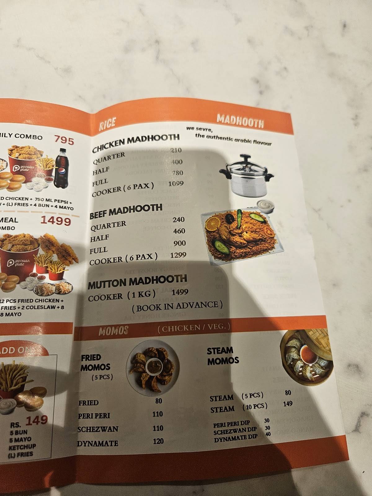 Menu at Persian plate restaurant, Chundale
