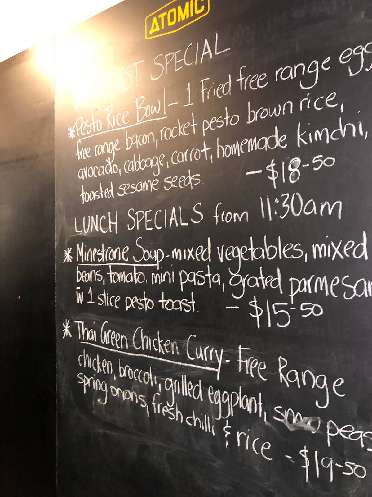 Menu at Atomic cafe, South Perth