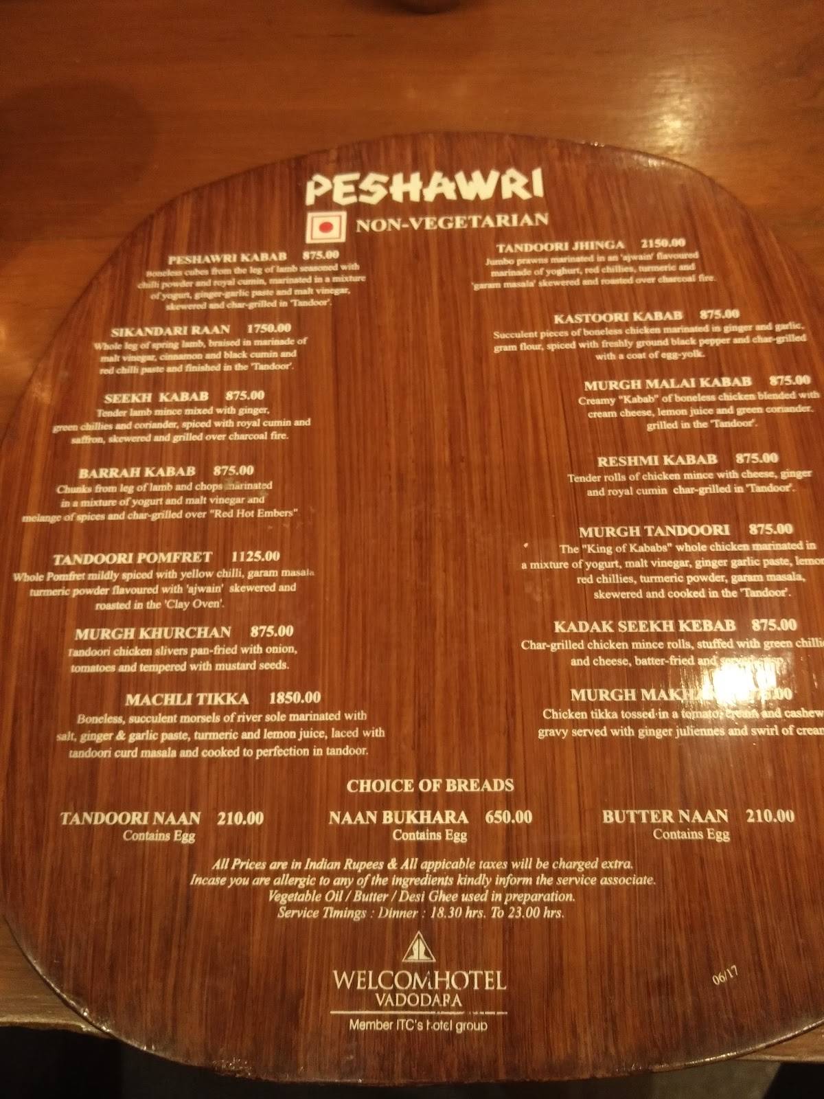 Menu at Peshawri by Welcomhotel Vadodara, Vadodara
