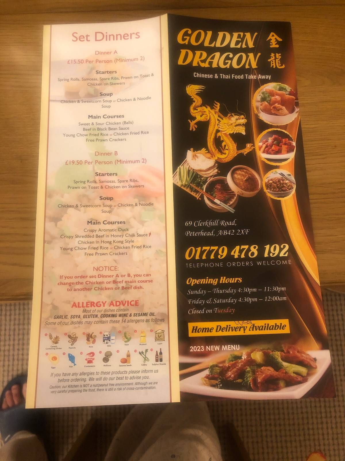 Menu at Golden Dragon restaurant, Peterhead