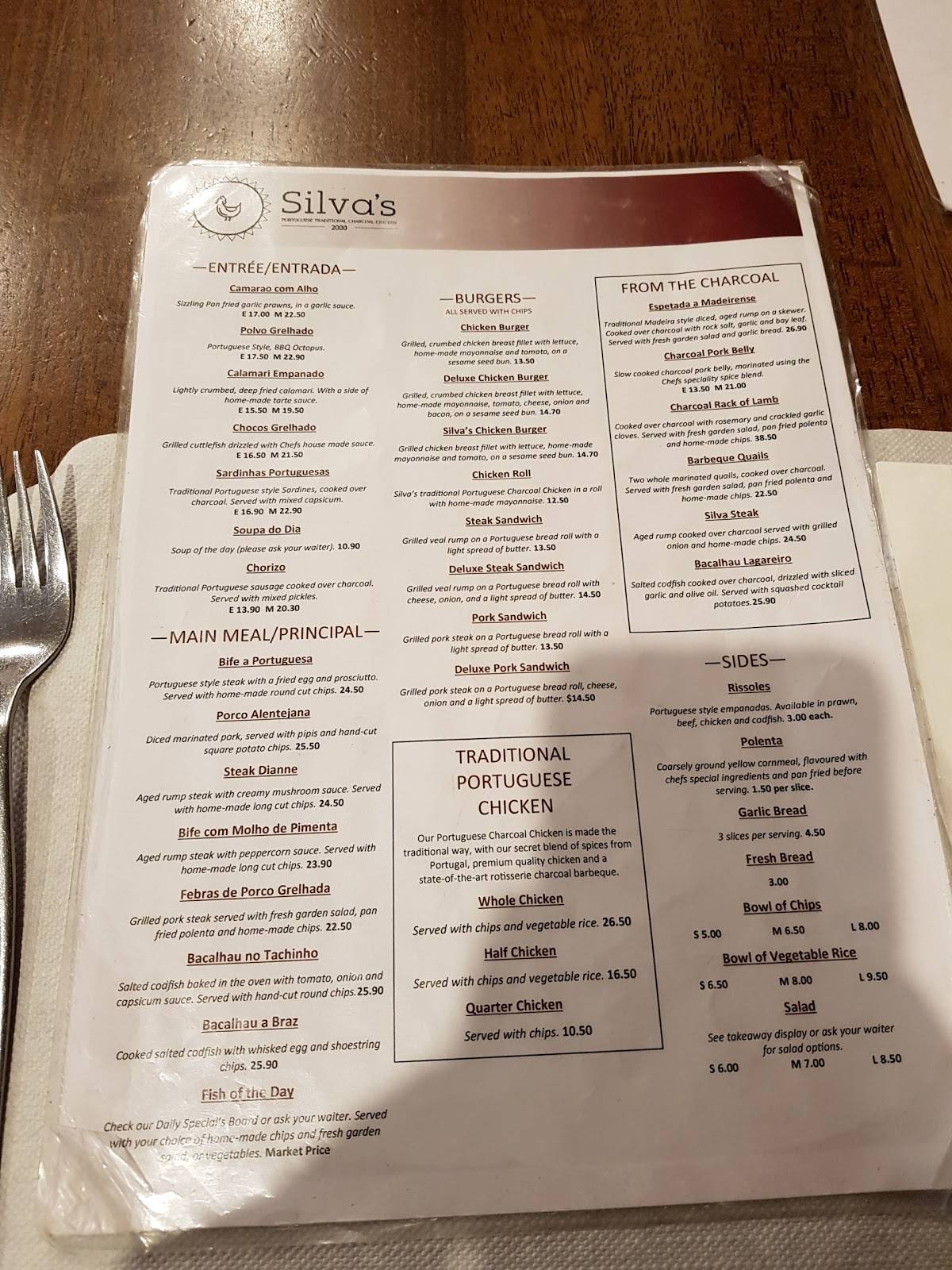 Menu at Silvas Restaurant, Petersham