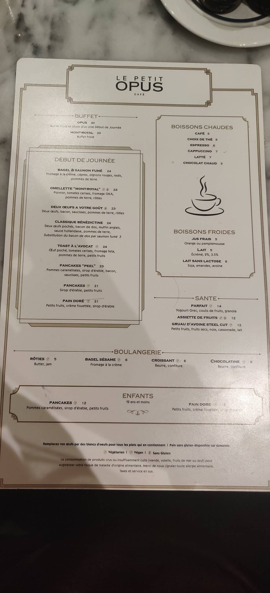 Carta de Petit Opus Café-Bar, Montréal