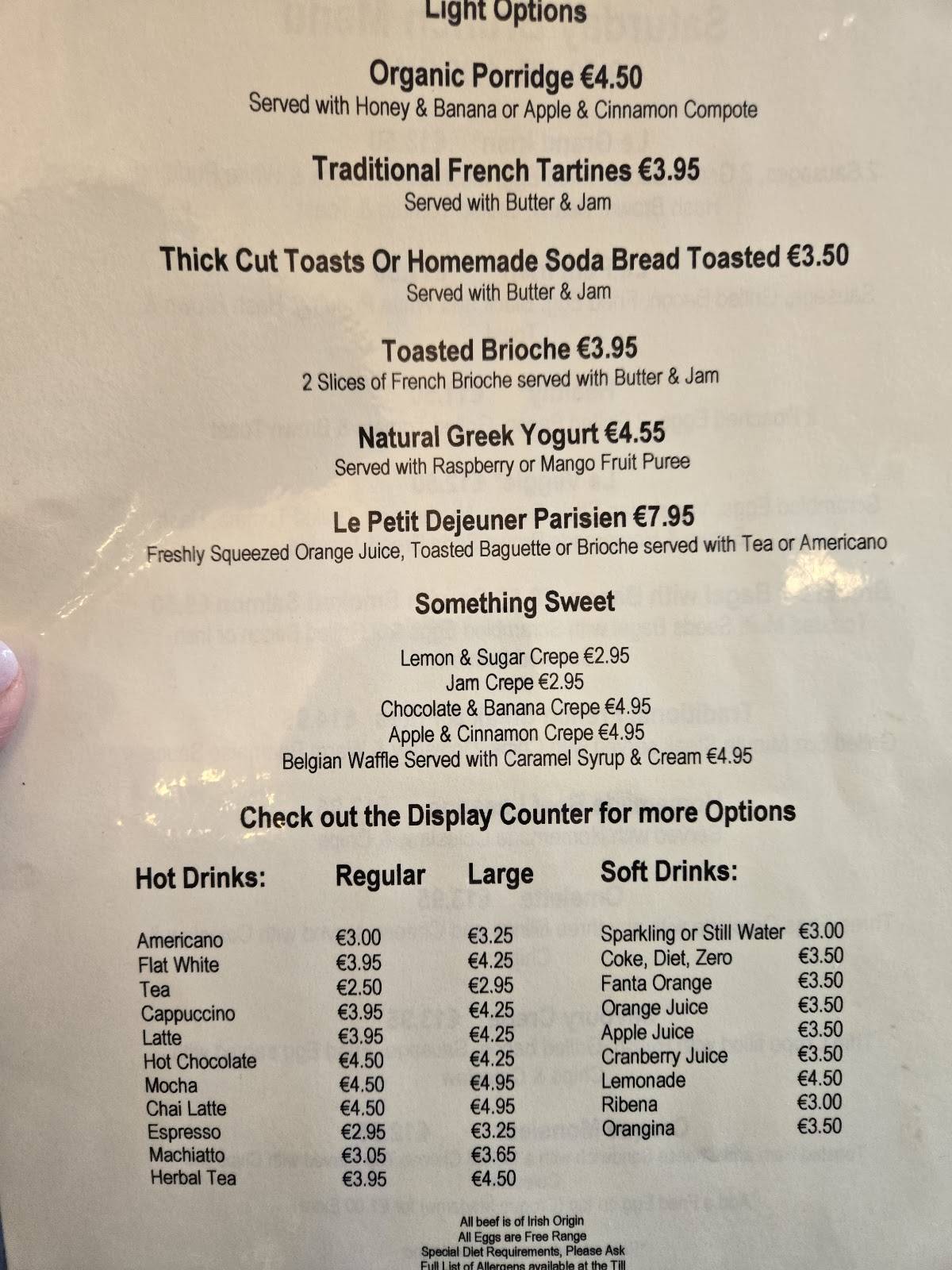 Menu at Petit Paris Cafe, Limerick