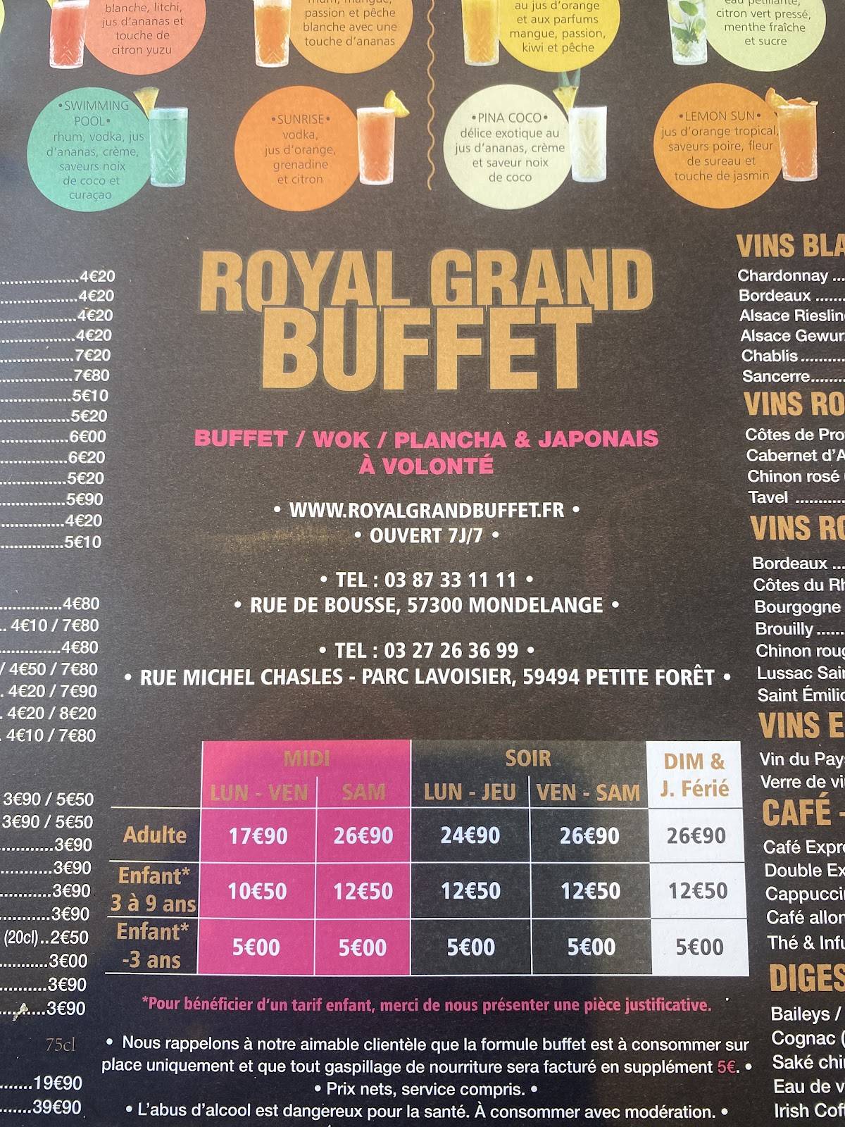 Menu au Royal Grand Buffet restaurant, Petite-Forêt