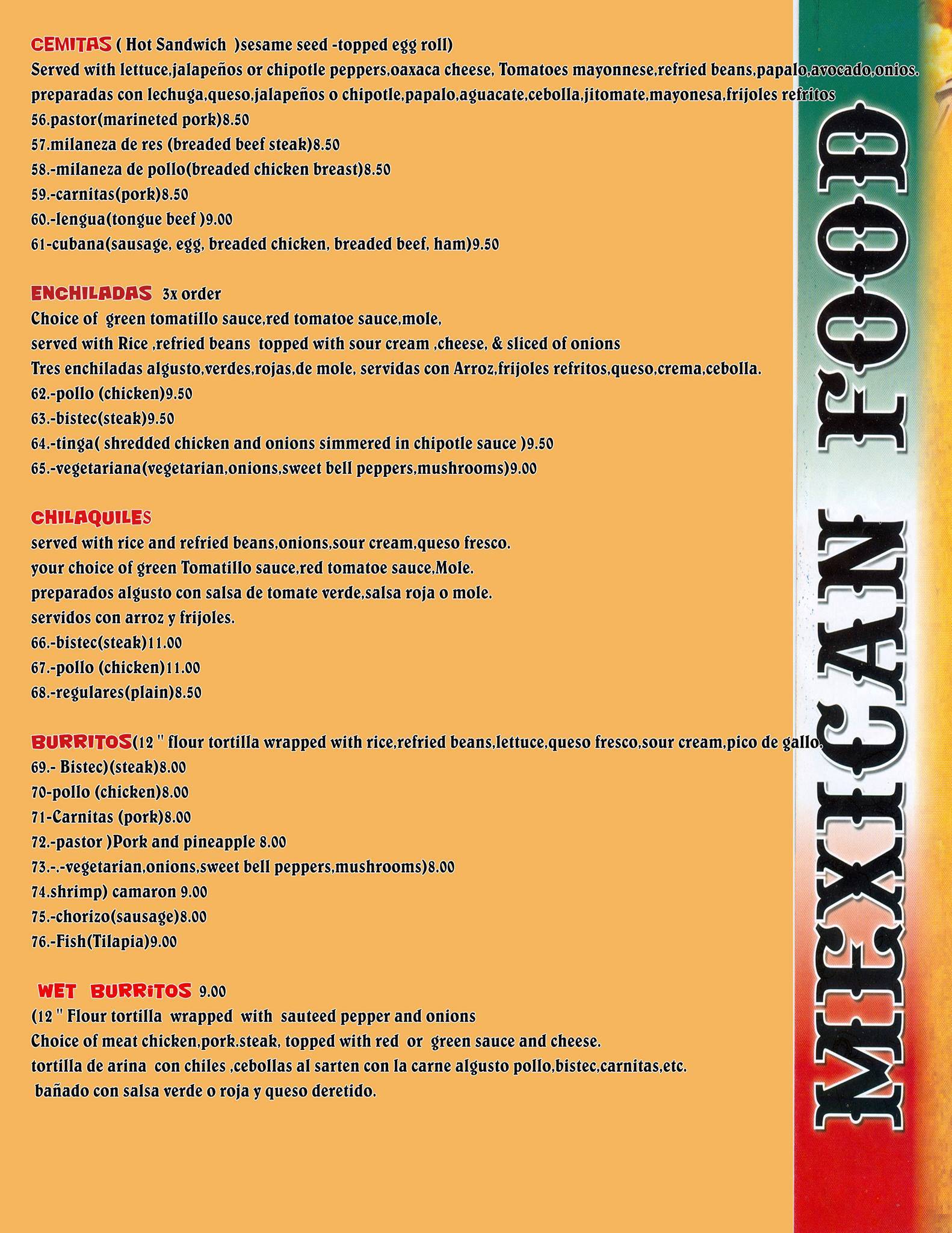 Menu at Mexican Taqueria Chilito Loco restaurant, Philadelphia