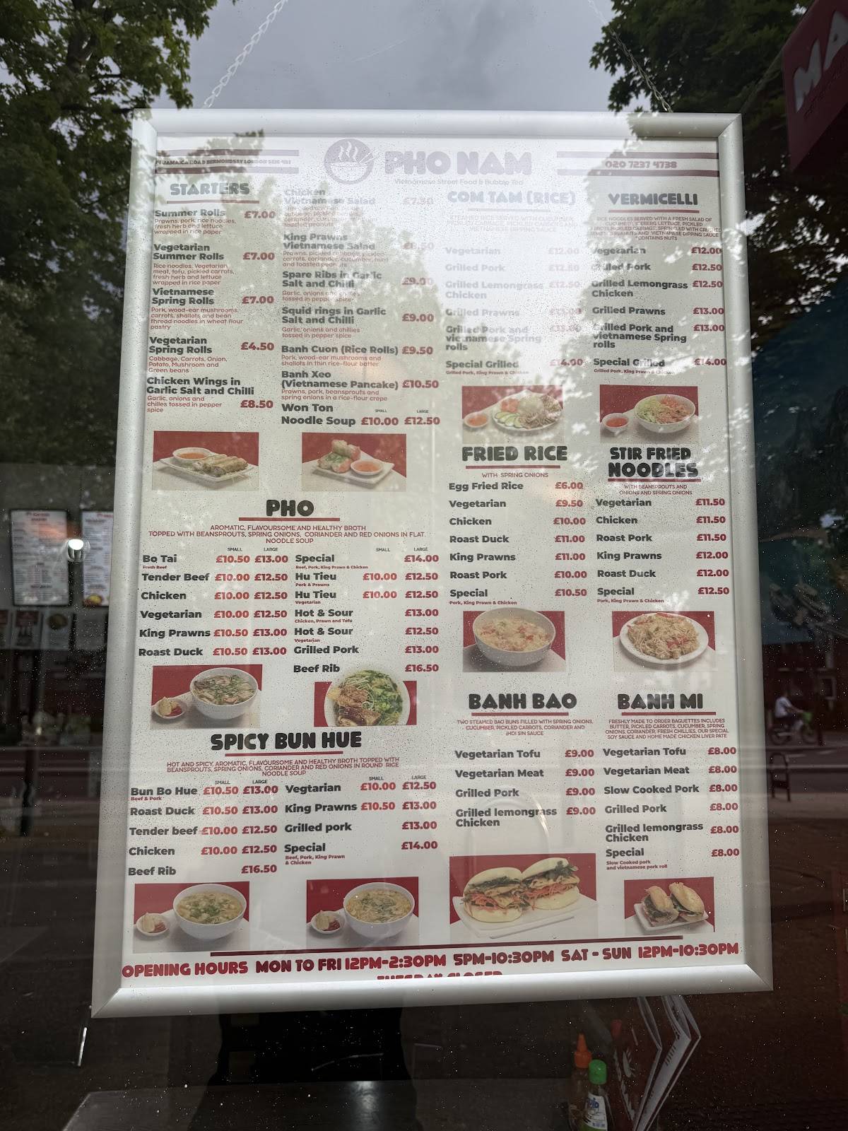 Menu at Pho Nam restaurant, London, 184 Jamaica Rd