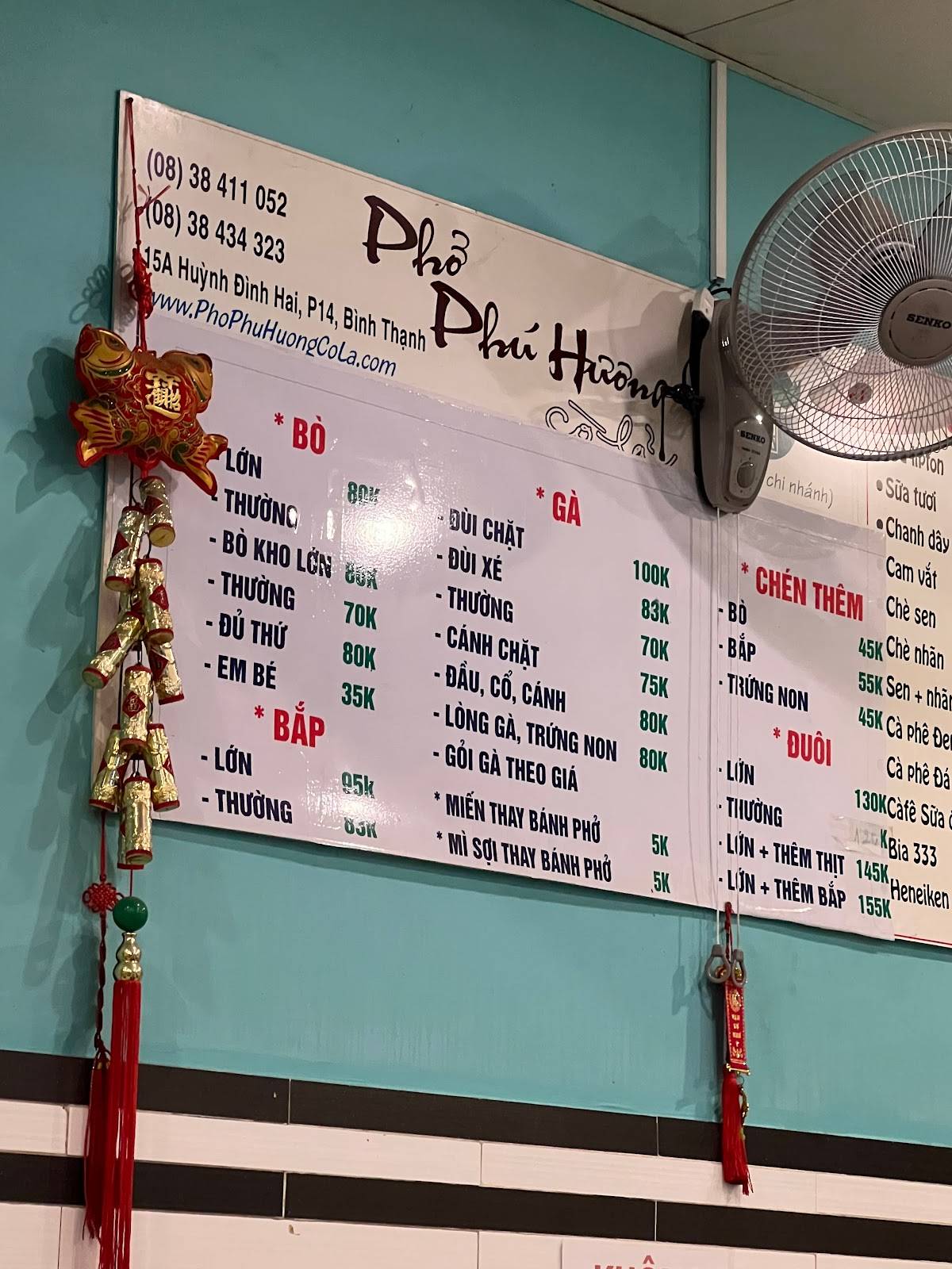 Menu at Phở Phú Hương restaurant, Ho Chi Minh City, 15A Huỳnh Đình Hai