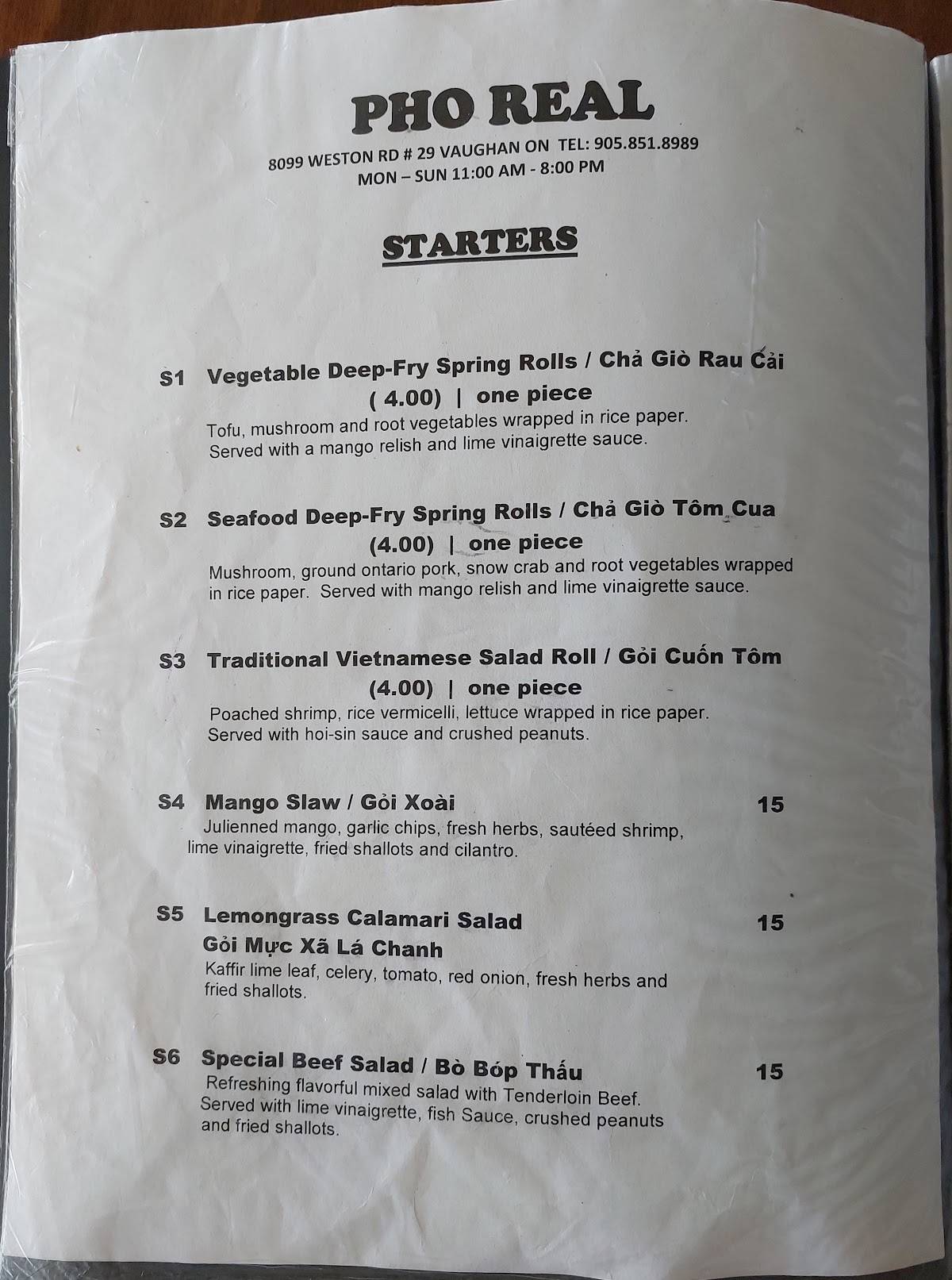 Menu at Pho Real restaurant, Vaughan