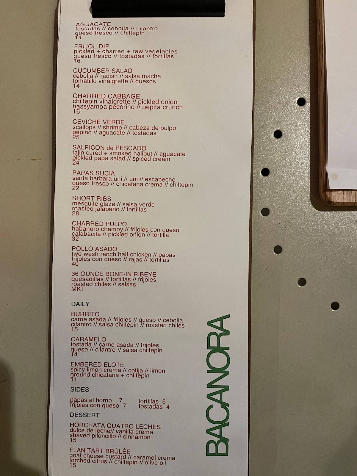 Menu at Bacanora PHX restaurant, Phoenix