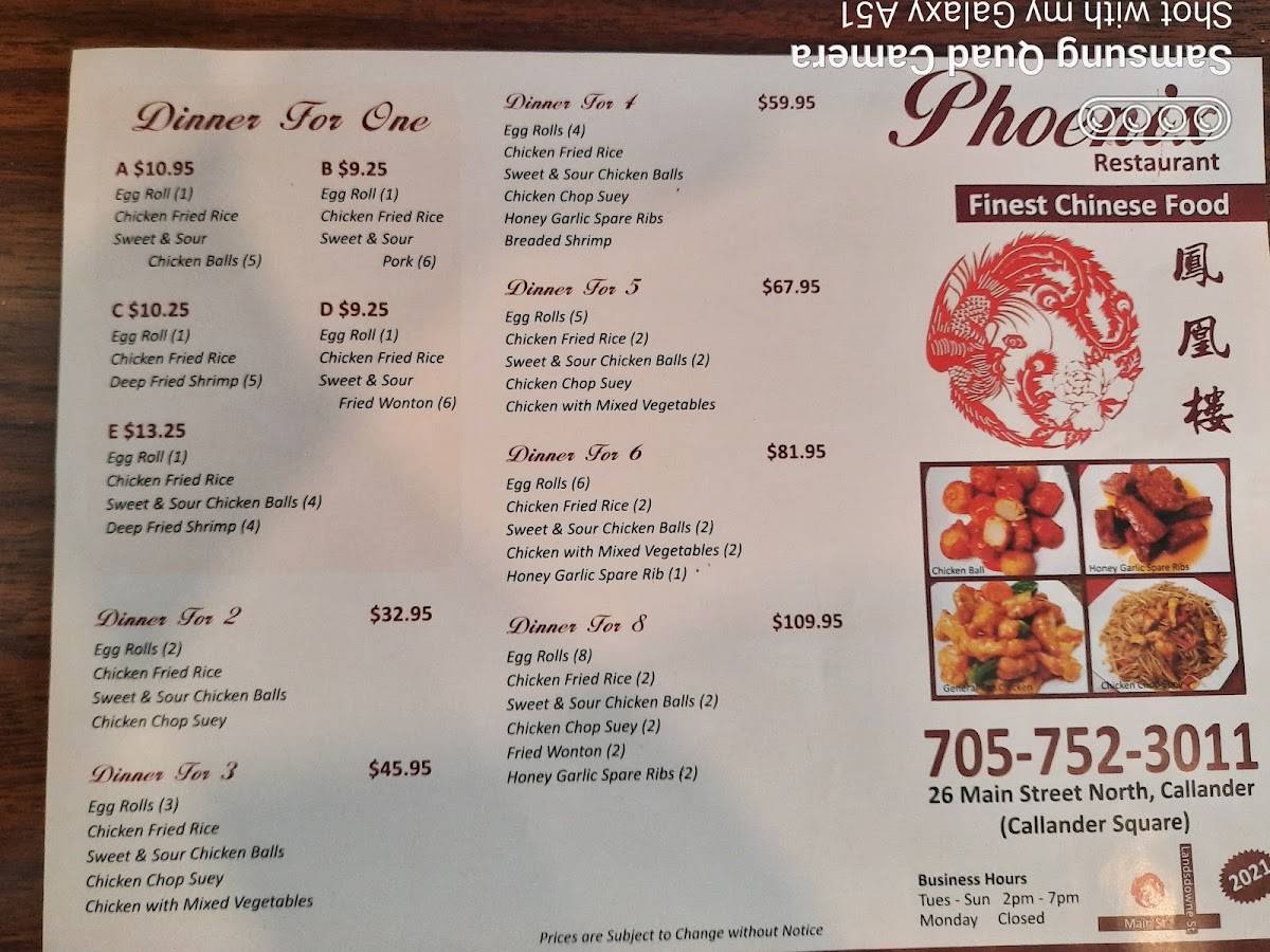 Menu at Phoenix Restaurant, Canada, 26 Main St N