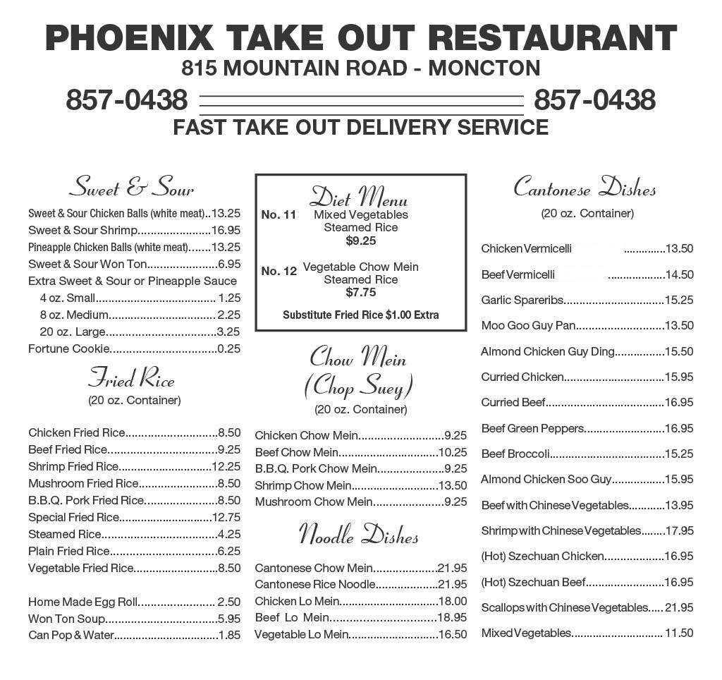 Menu at Phoenix Restaurant, Moncton