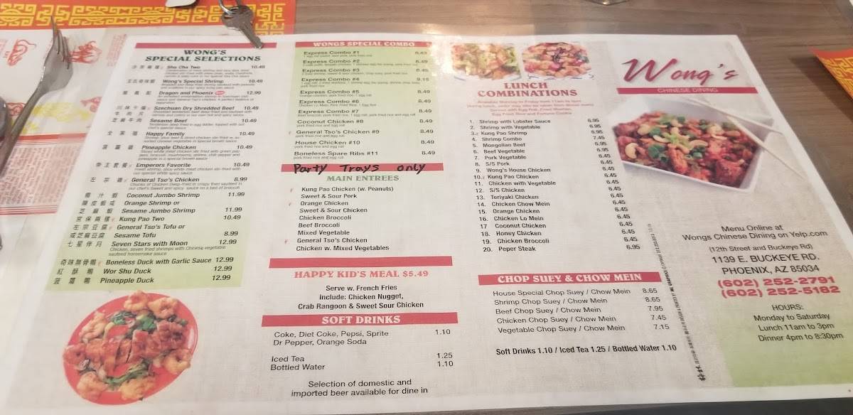 Menu at Wong's Chinese Dining restaurant, Phoenix, E Buckeye Rd