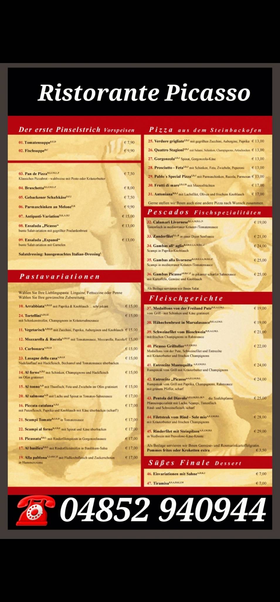 Speisekarte von Picasso restaurant, Brunsbüttel