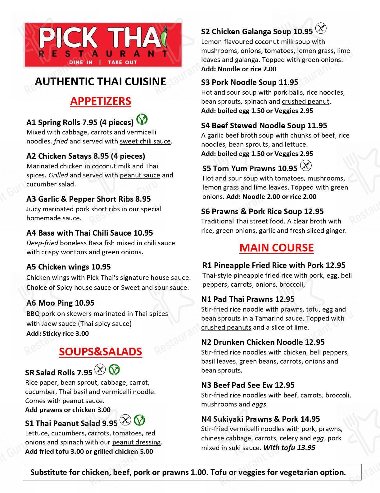 Carta de Pick Thai restaurant, Kelowna