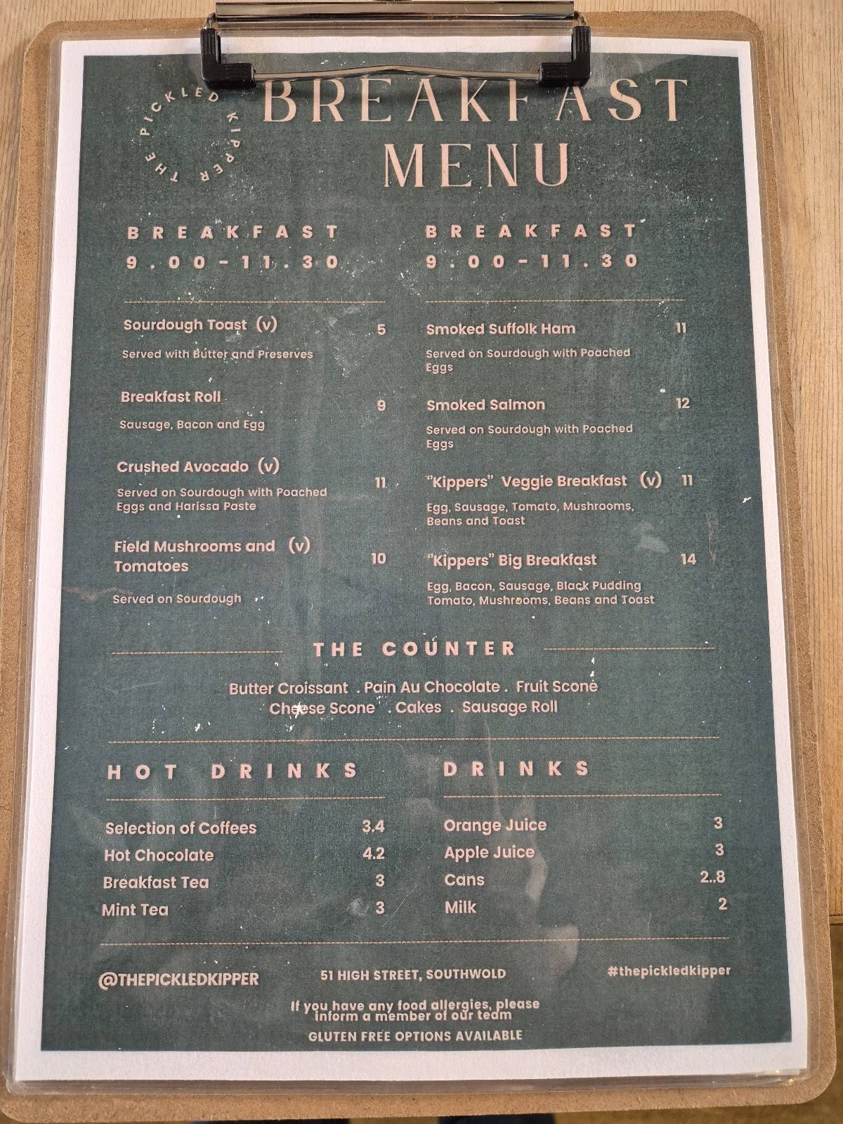 Menu at Pickled Kipper restaurant, Southwold
