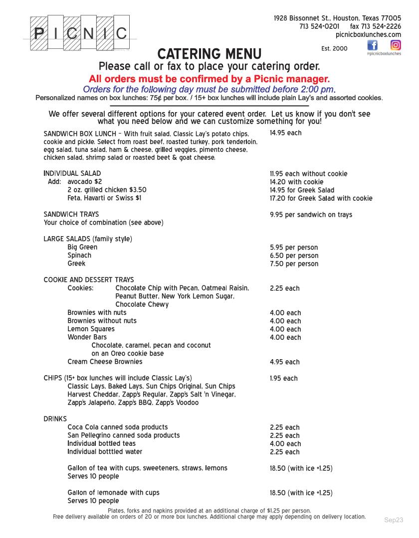 Menu at Picnic Box Lunches restaurant, Houston, Bissonnet St