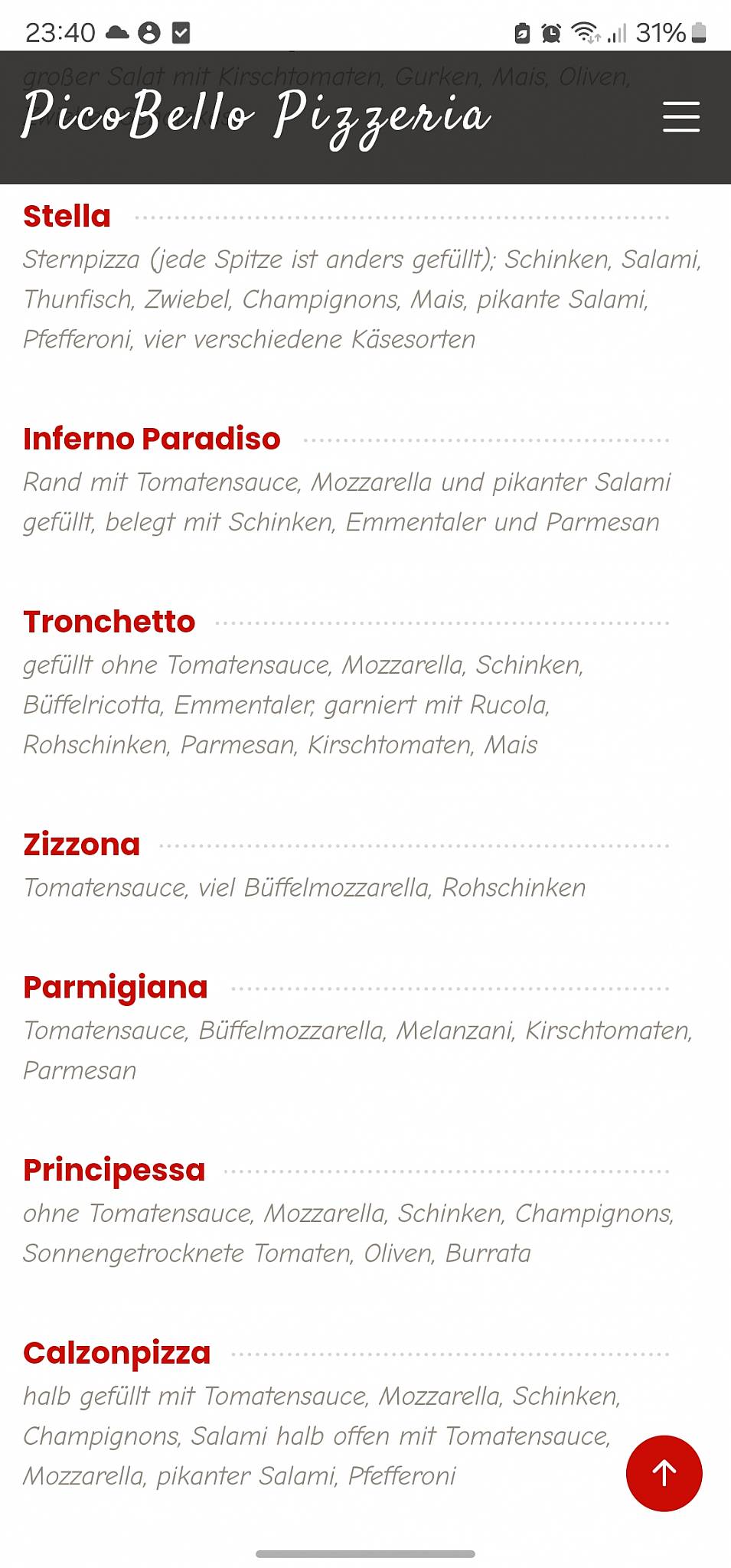 Speisekarte von Picobello Trattoria Pizzeria, Feldkirchen in Kärnten