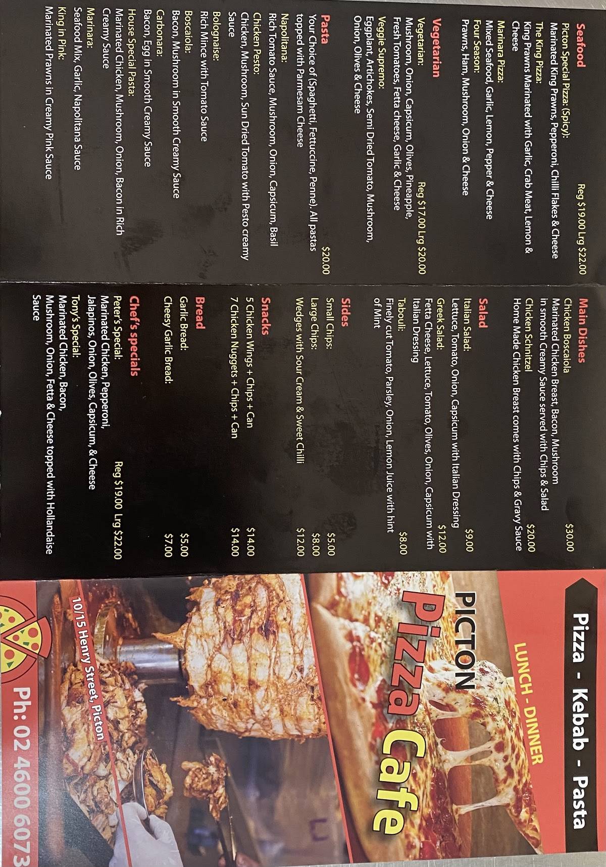 Menu at Picton Pizza Cafe, Picton