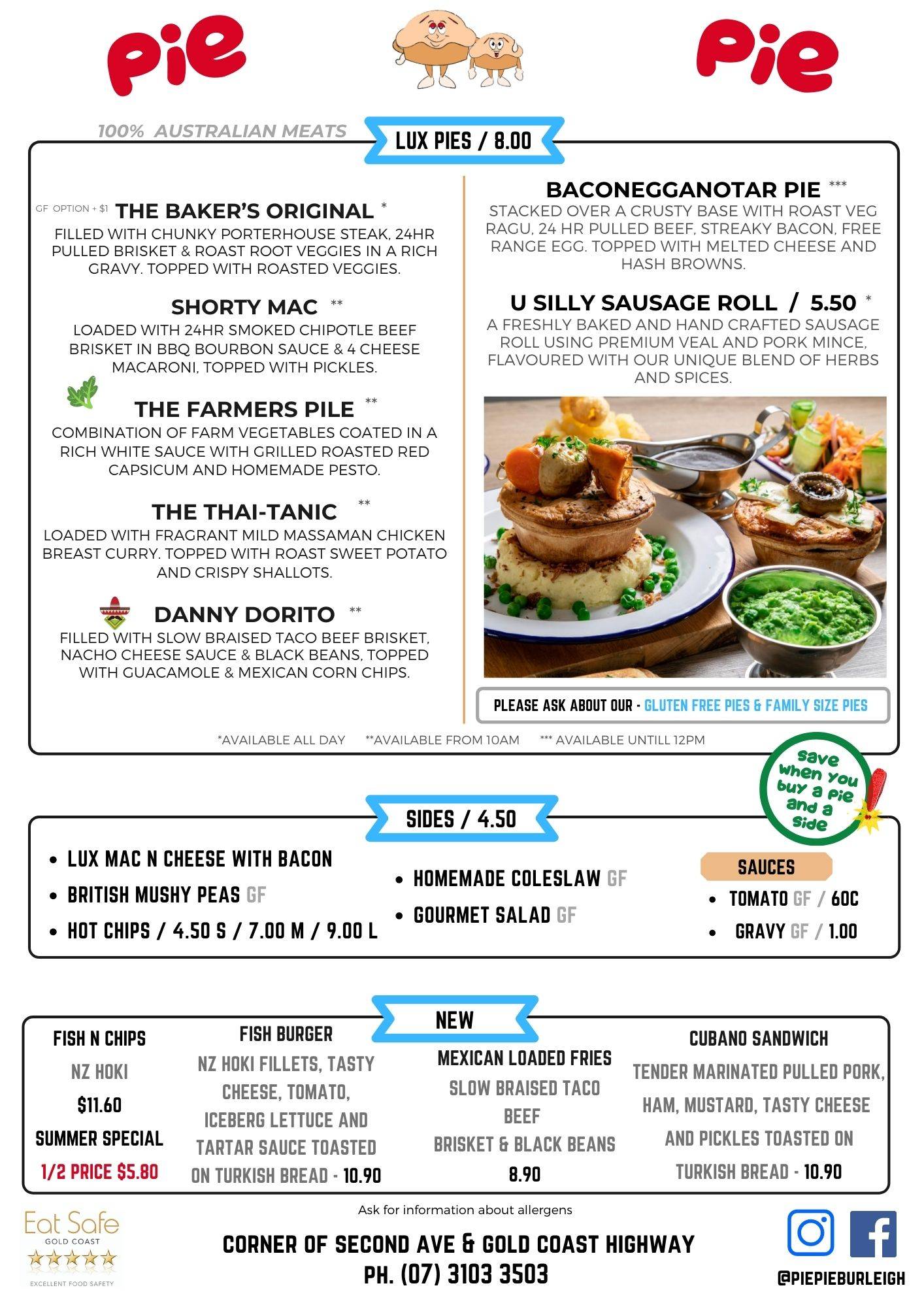 Menu at Pie Pie cafe, Burleigh Heads