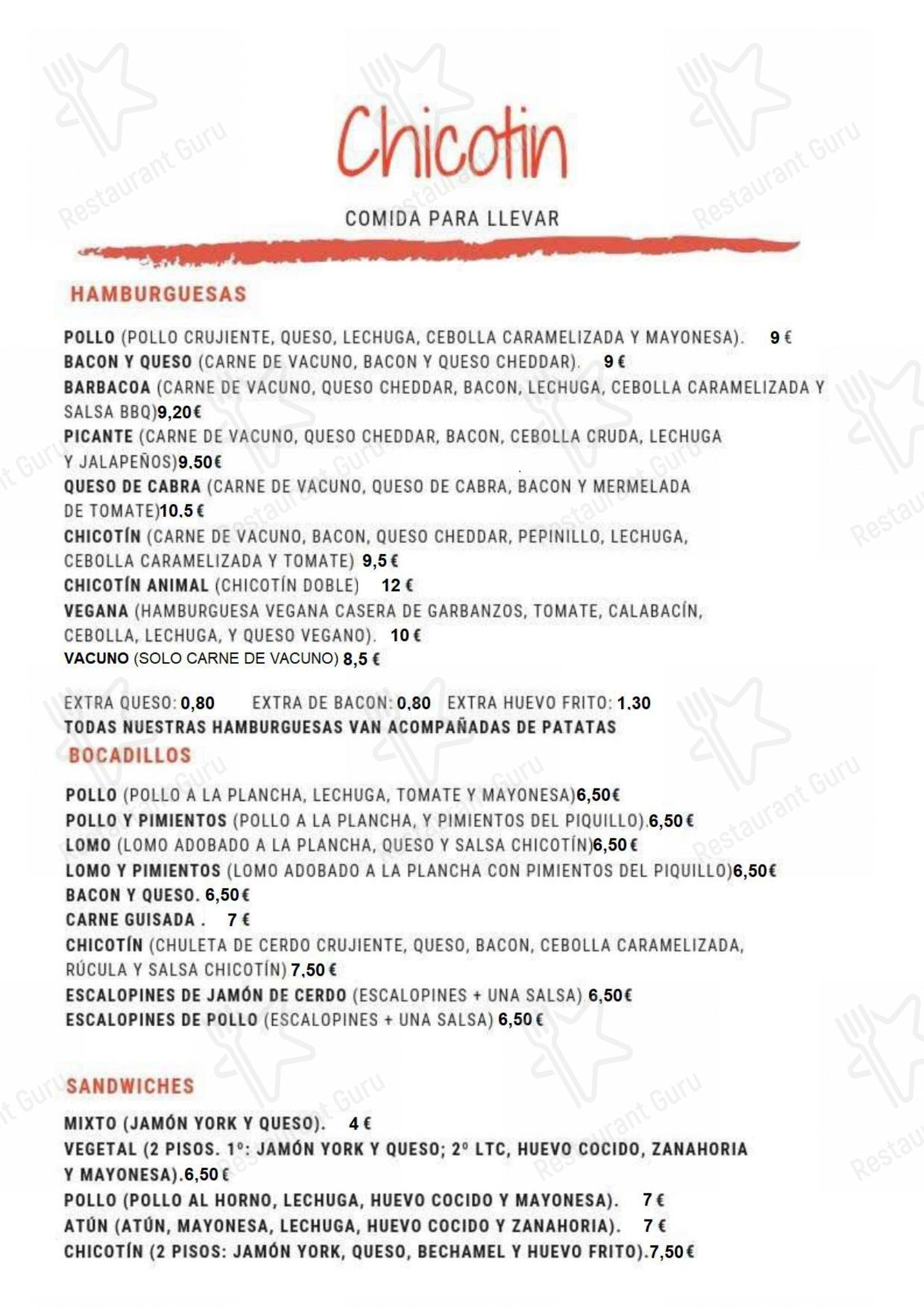 Carta de comida rápida Chicotín Comida para llevar, Piedras Blancas