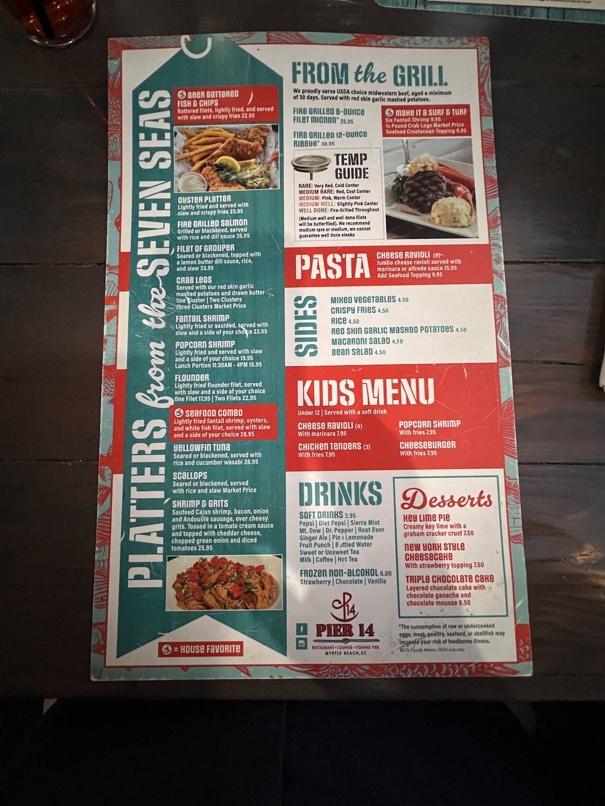Menu at Pier 14 Seafood Restaurant, Gift Shop, and Fishing Pier, Myrtle ...