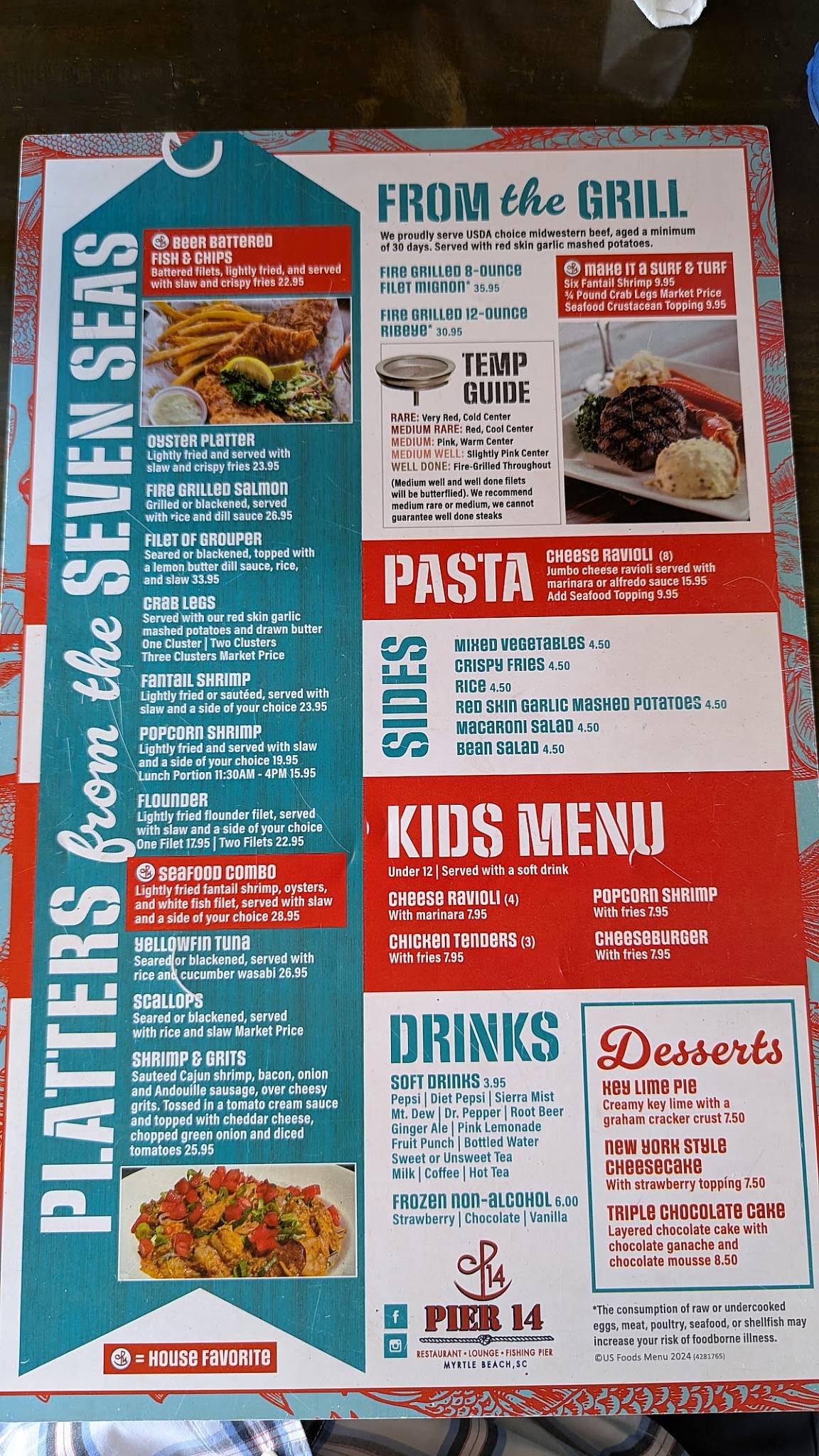 Menu at Pier 14 Seafood Restaurant, Gift Shop, and Fishing Pier, Myrtle ...