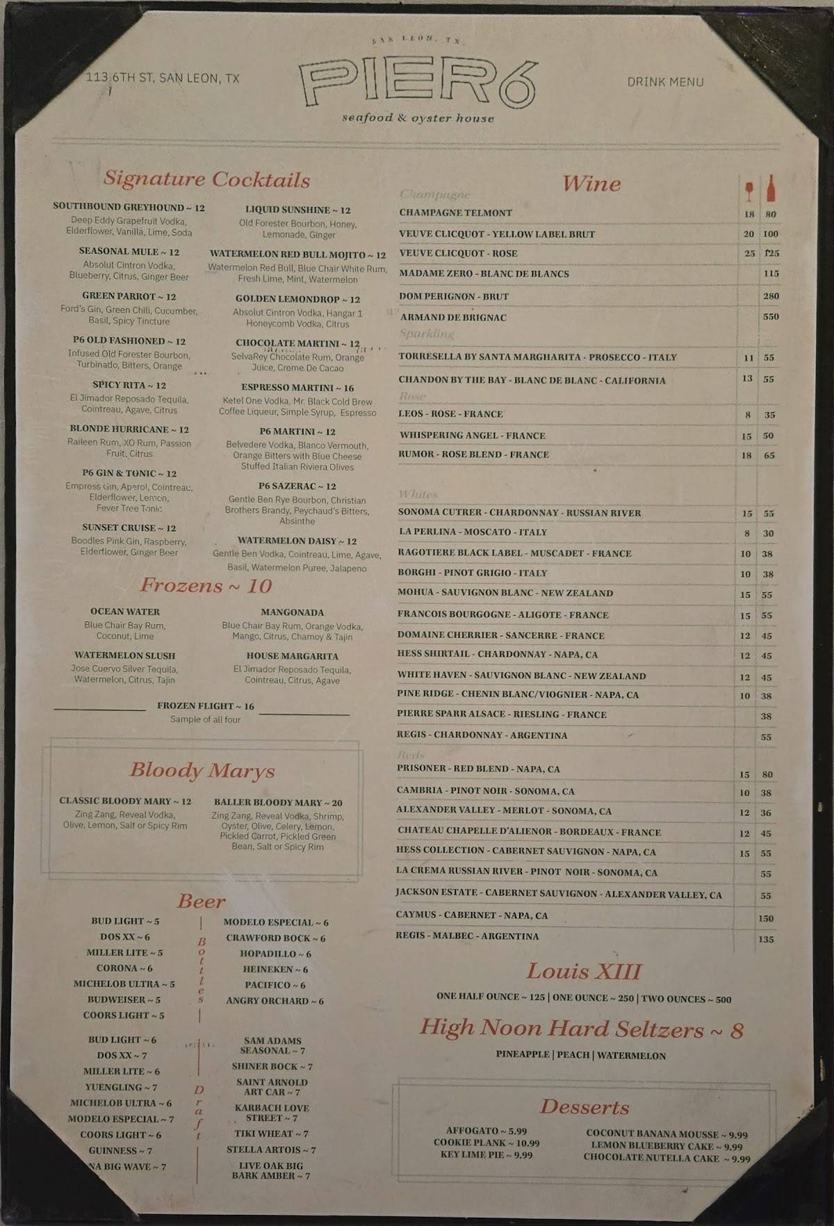 Menu at Pier 6 restaurant, San Leon