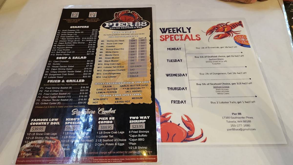 Menu at Pier 88 Boiling Seafood & Bar Tukwila, Tukwila