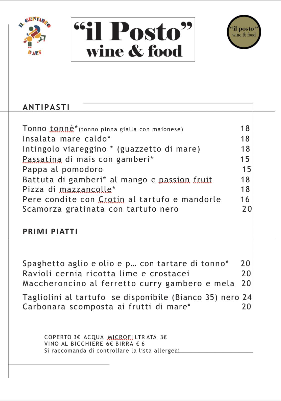 Menu da il posto ristorante, Pietrasanta