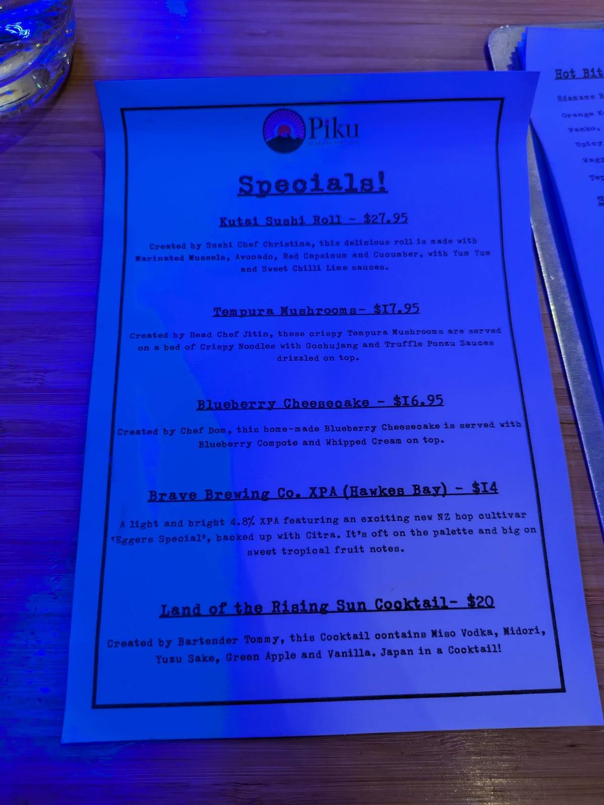 Menu at Piku Izakaya Japanese Restaurant & Cocktail Bar, Havelock North