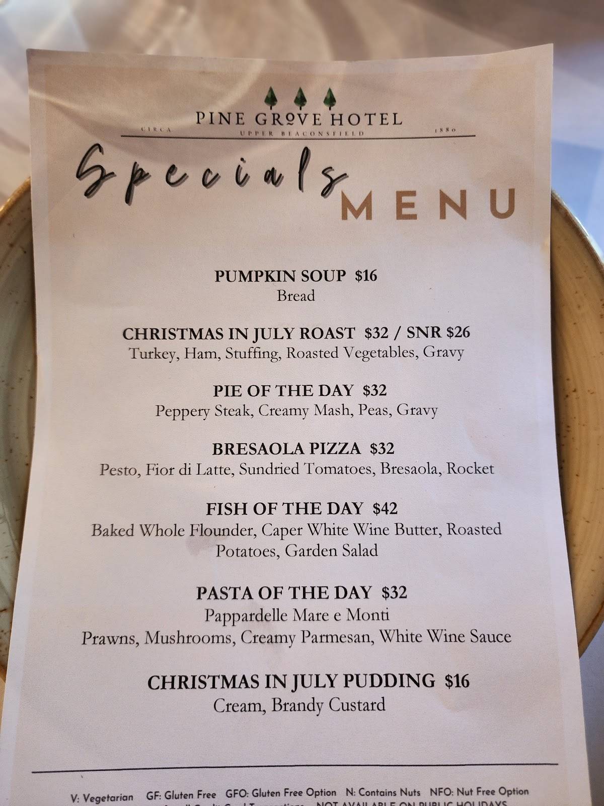 Menu at Pine Grove Hotel restaurant, Beaconsfield Upper