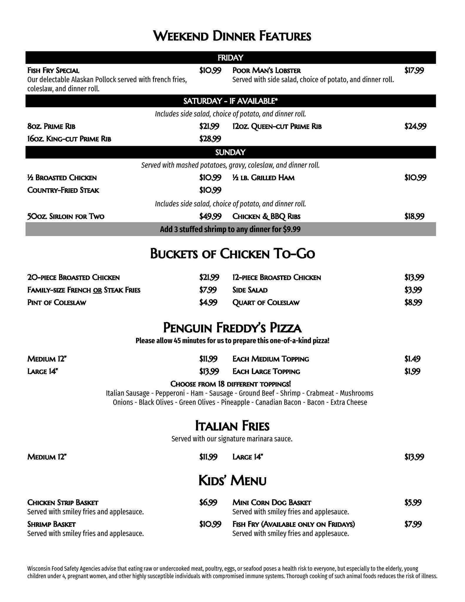 Menu at Pine Tree Supper Club, Tomahawk