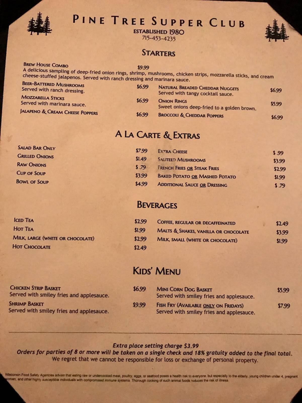 Menu at Pine Tree Supper Club, Tomahawk