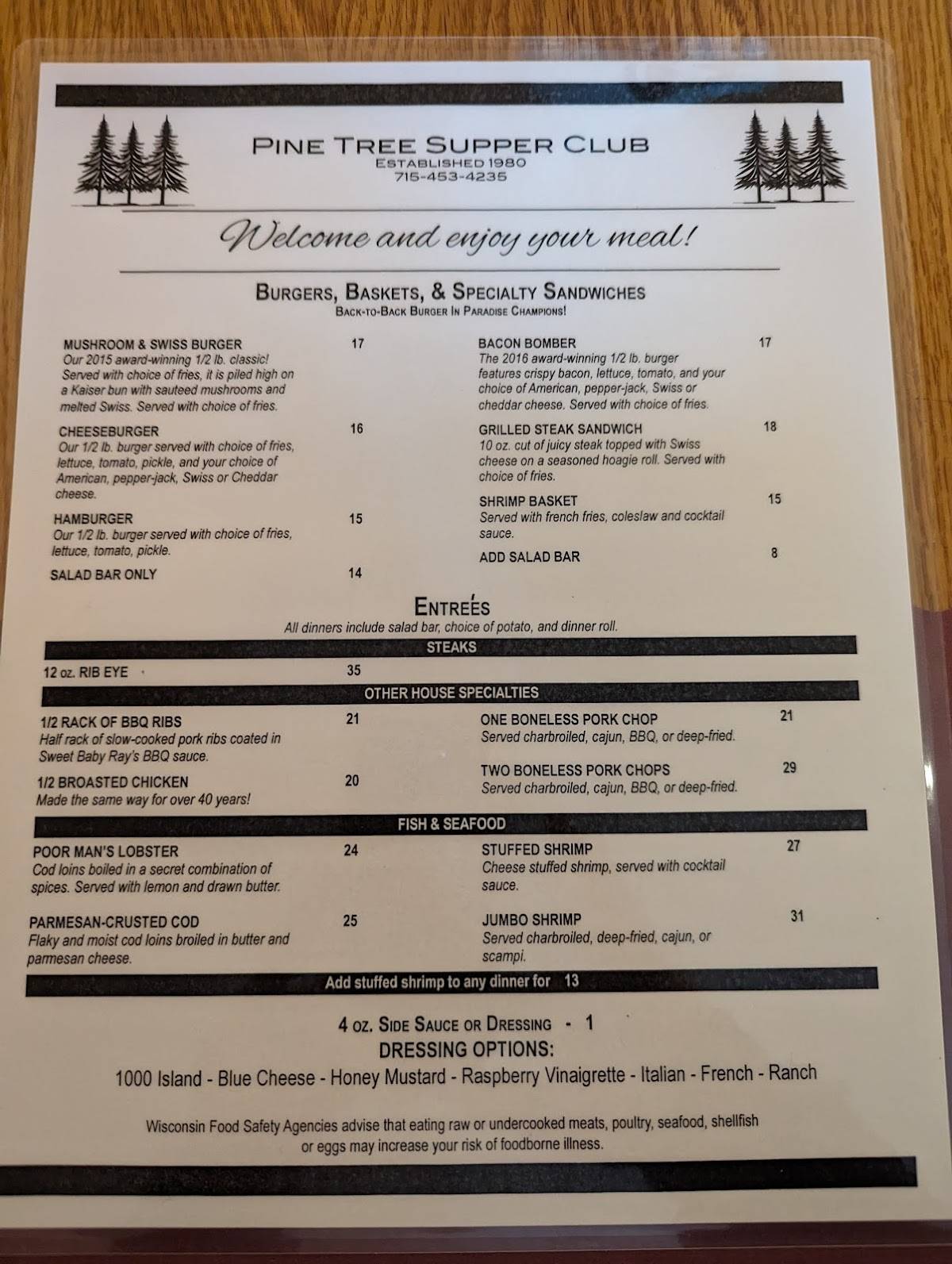 Menu at Pine Tree Supper Club, Tomahawk
