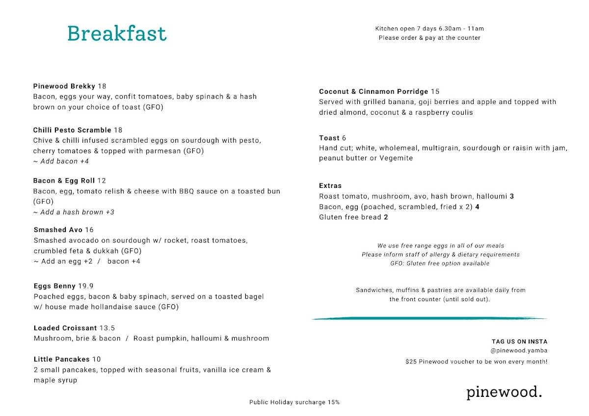 Menu at Pinewood Corner Cafe, Yamba