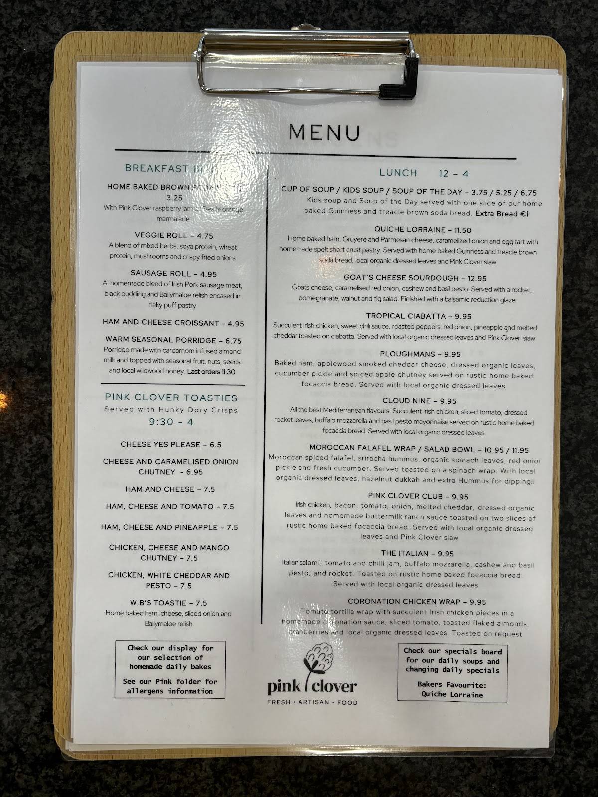 Menu at Pink Clover cafe, Drumcliff