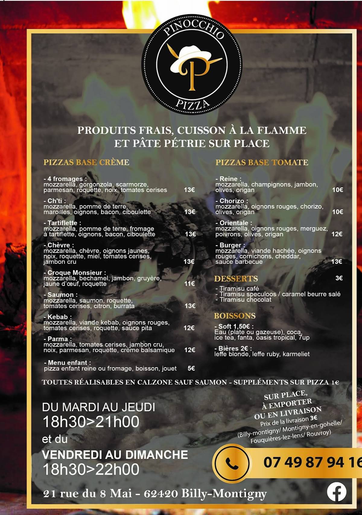 Menu au Pinocchio pizza restaurant, Billy-Montigny