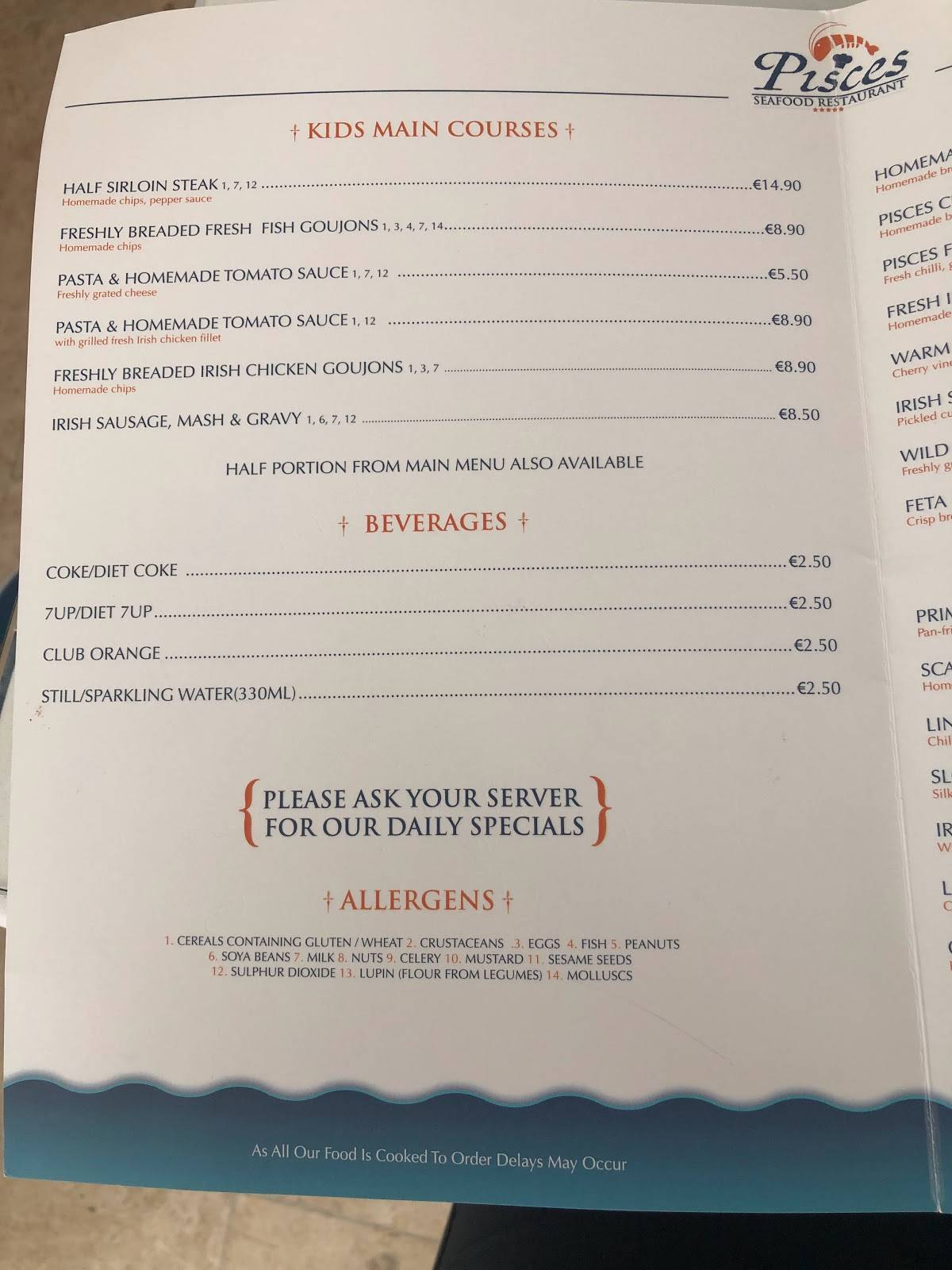 Menu at Pisces Restaurant, Castlegregory