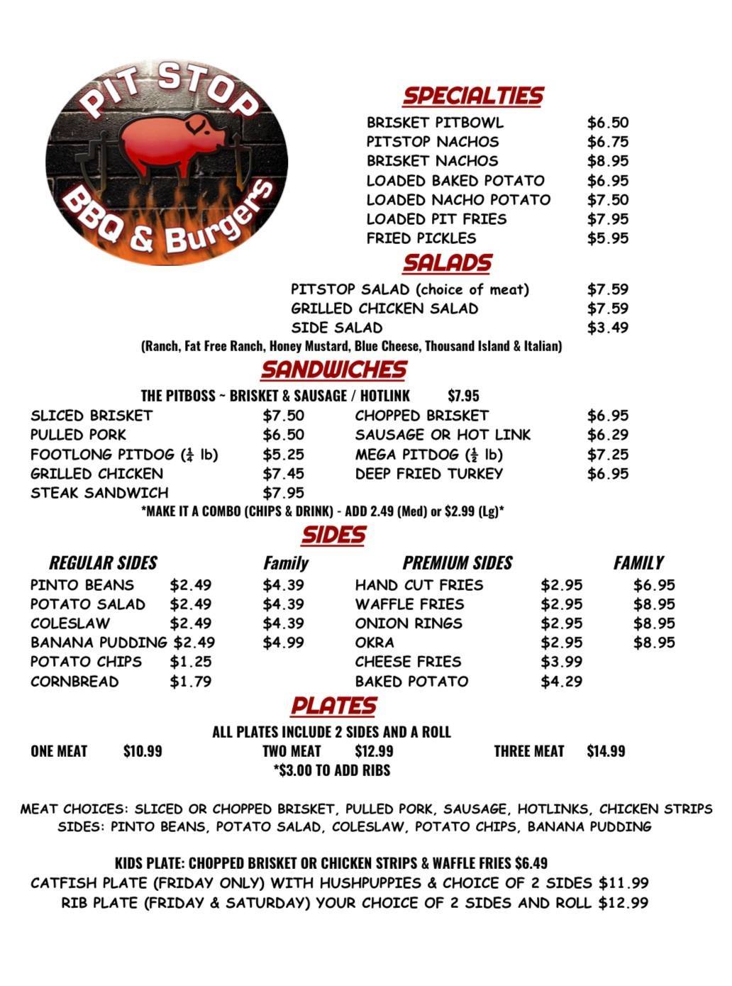 Menu at Pit Stop BBQ, Hugo