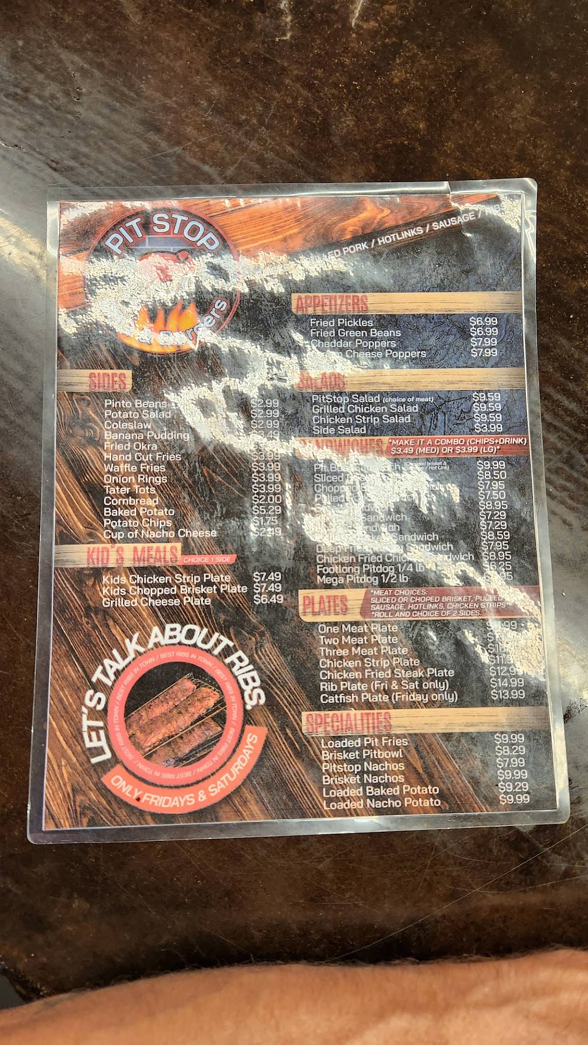 Menu at Pit Stop BBQ, Hugo