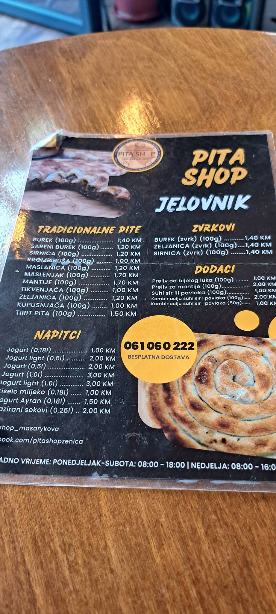 Menu at Pita Shop restaurant, Zenica